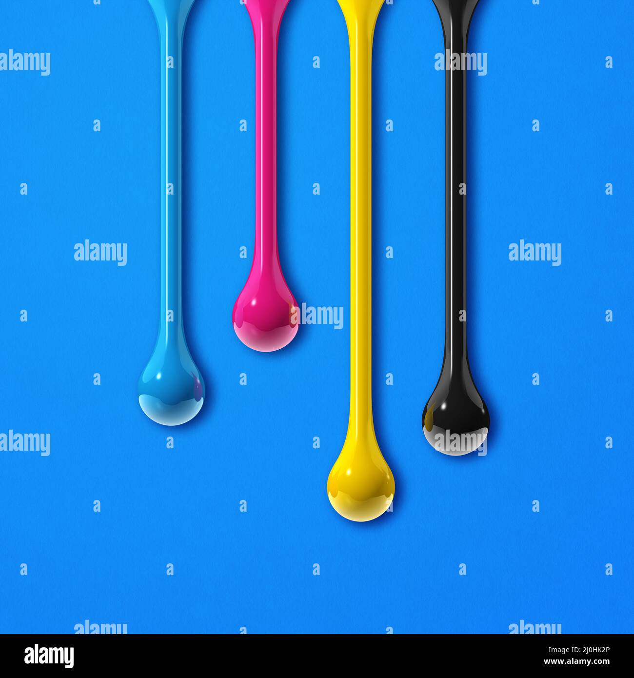 Cmyk ink drops on blue paper square background Stock Photo - Alamy