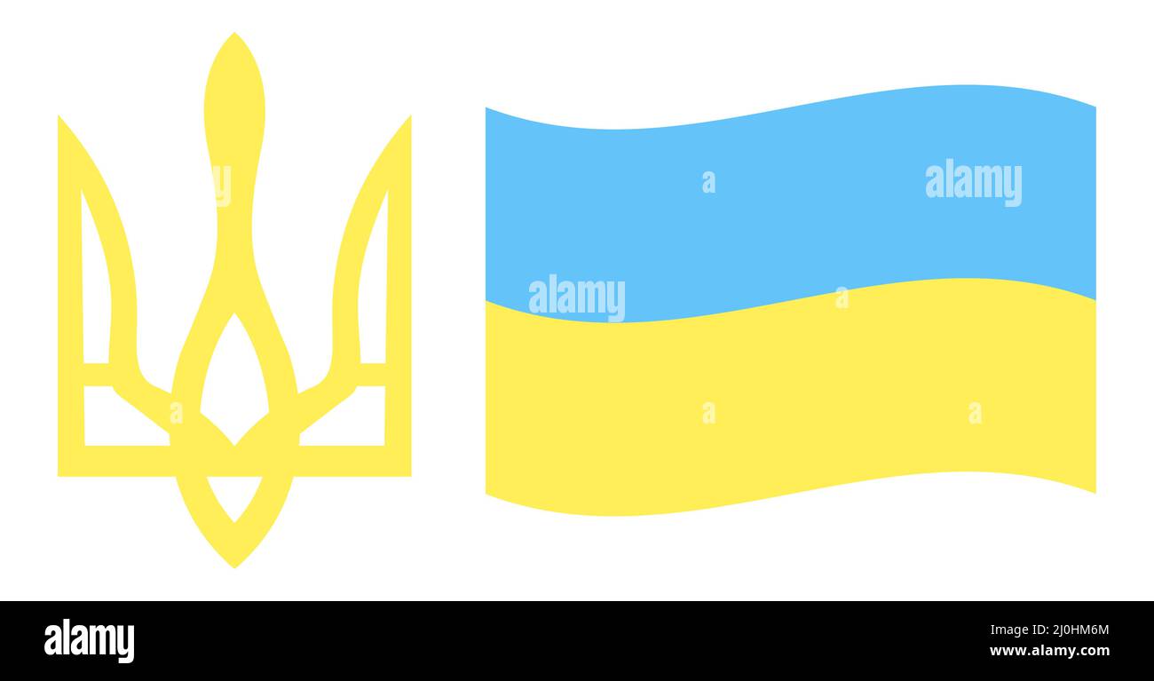 Coat of arms and flag of Ukraine in national patriotic colors blue and ...