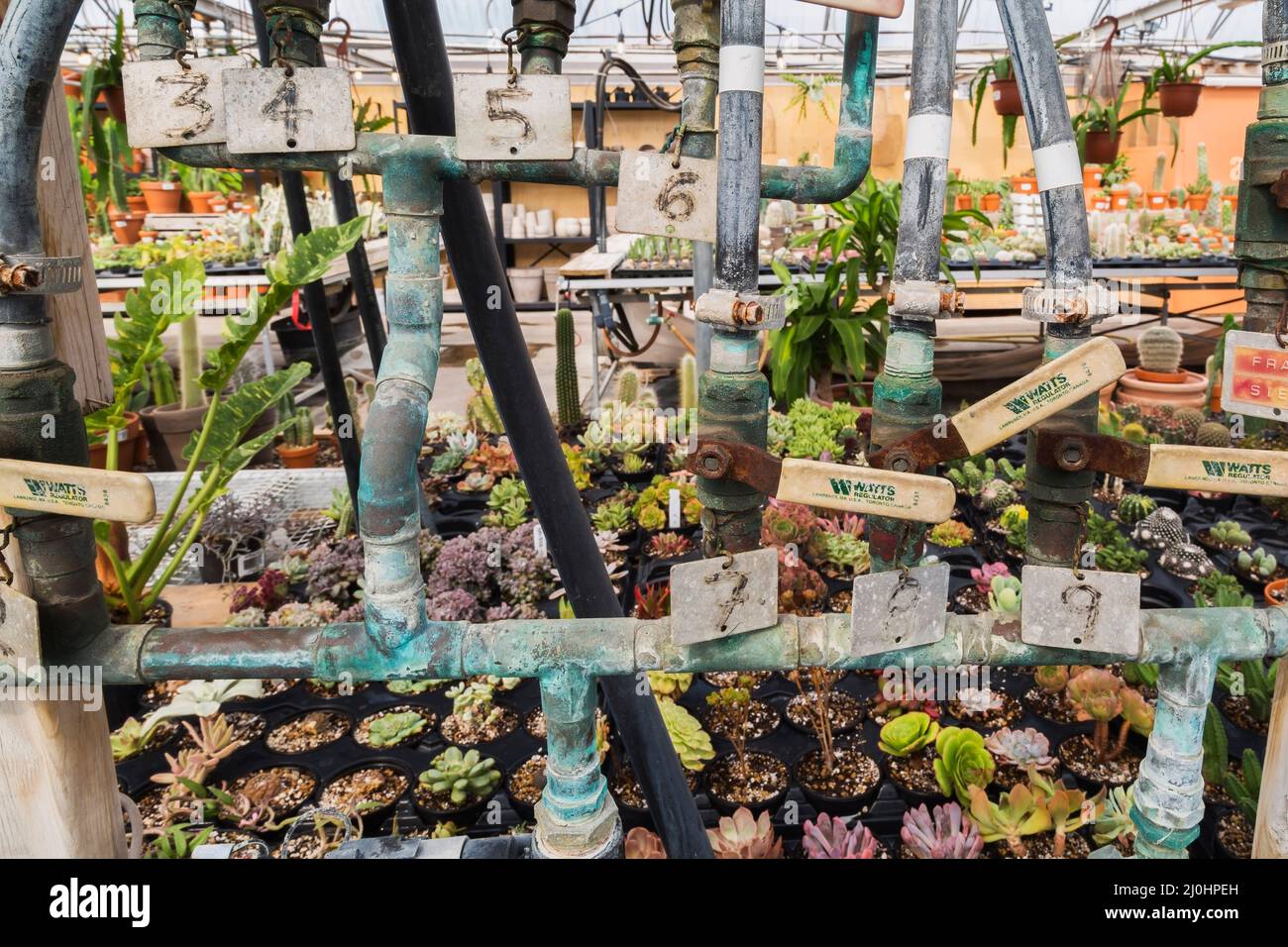 Interconnected network of metal pipes and valves for watering plants ...