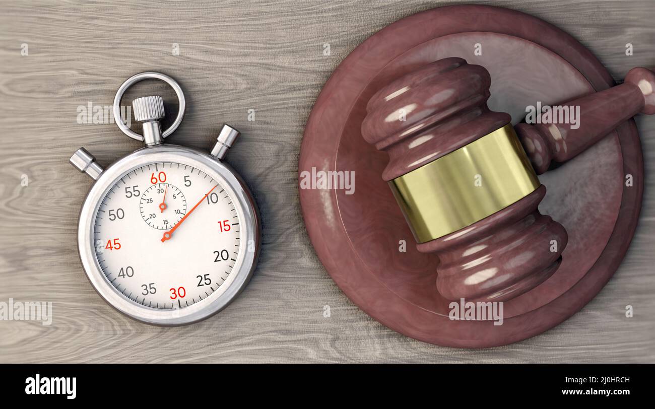 Stopwatch beside judge's gavel - justice under time pressure Stock ...