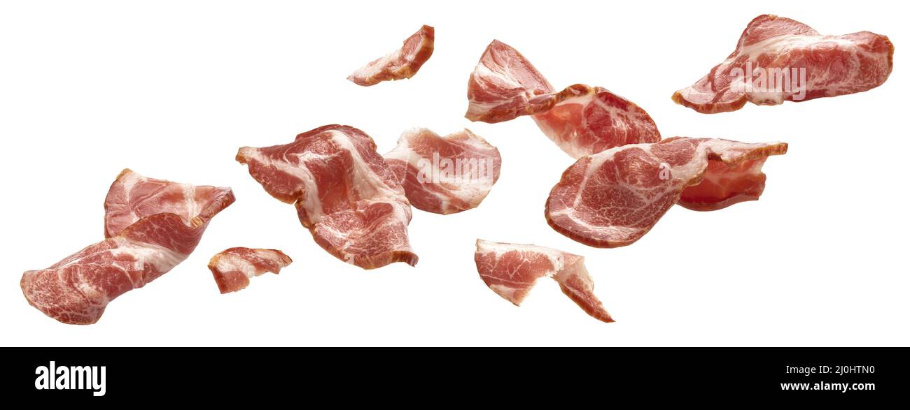 Sliced bacon isolated on white background, falling ham strips Stock ...