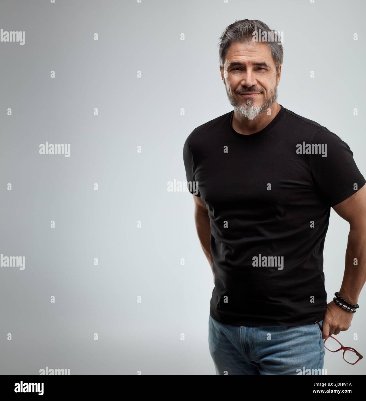 Portrait of older white man, casual guy beard gray hair, smiling. Gray ...