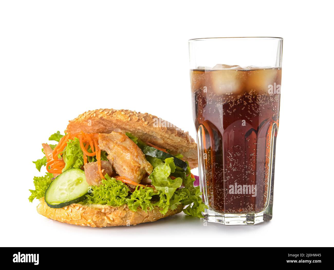 Fresh doner kebab in bun and glass of cola drink on white background ...
