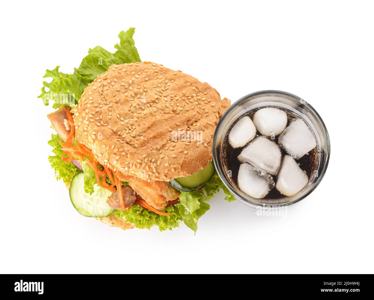 Fresh doner kebab in bun and glass of cola drink on white background ...
