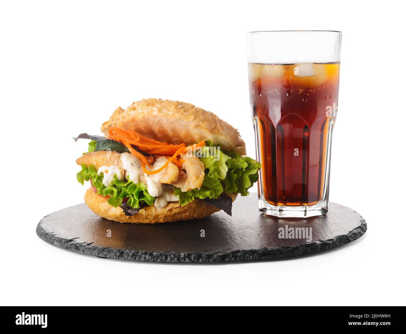 Fresh doner kebab in bun and glass of cola drink on white background ...