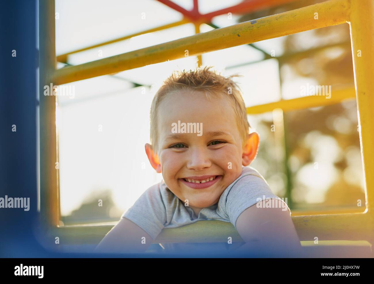 Playtime in the park. Portrait of a smiling little boy playing on a jungle gym in the park Stock ...