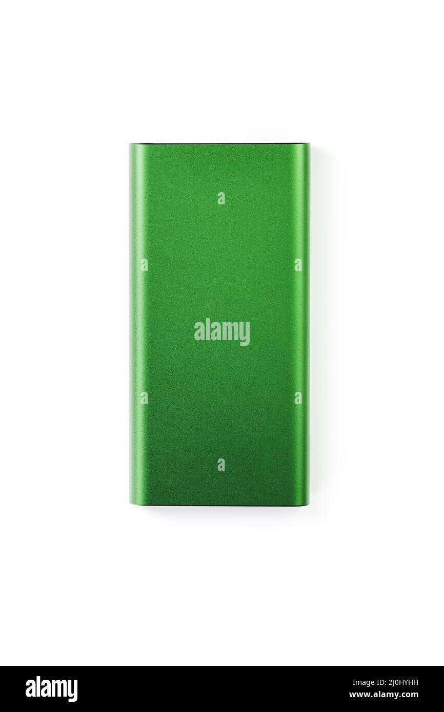 Green Power Bank on a white background for charging mobile devices with ...