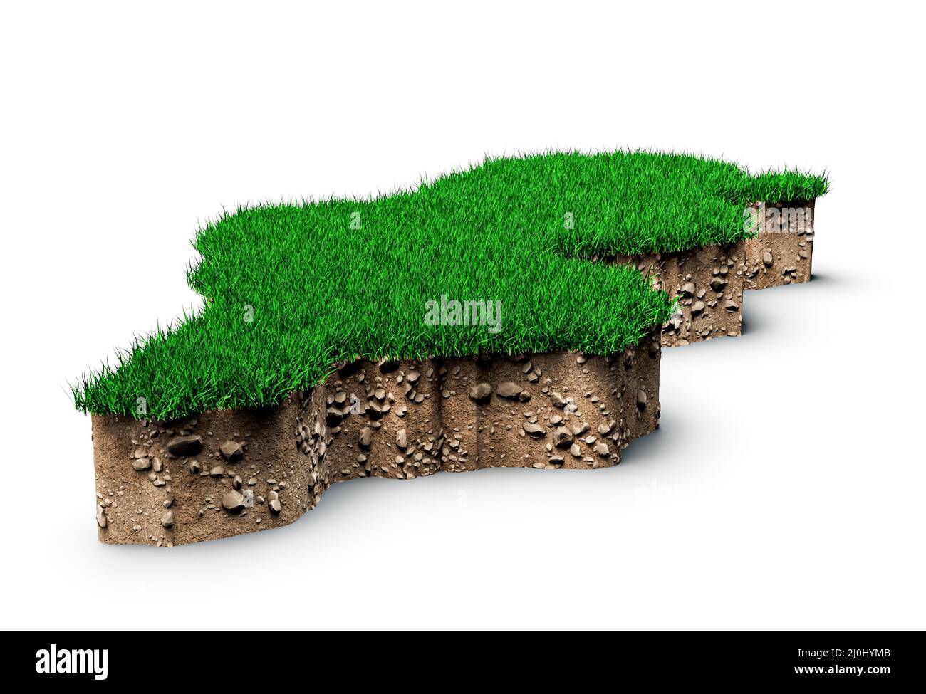 Closeup 3d illustration of a map land geology object with green grass ...