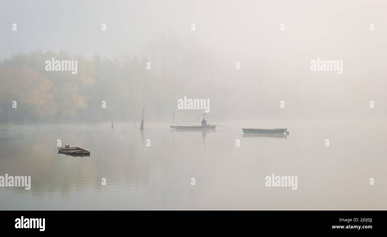 Panorama of the pond covered with thick fog Stock Photo - Alamy