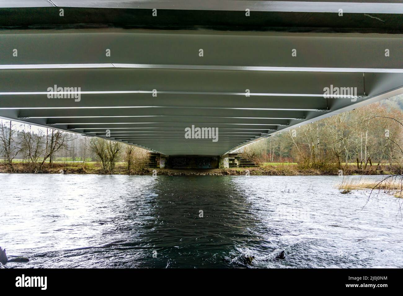 A view from beneath a bridge at Flaming Geyser State Park in Washington ...