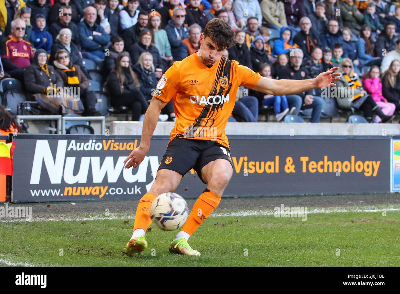 Ryan Longman #16 of Hull City puts a cross in to the goal area Stock ...