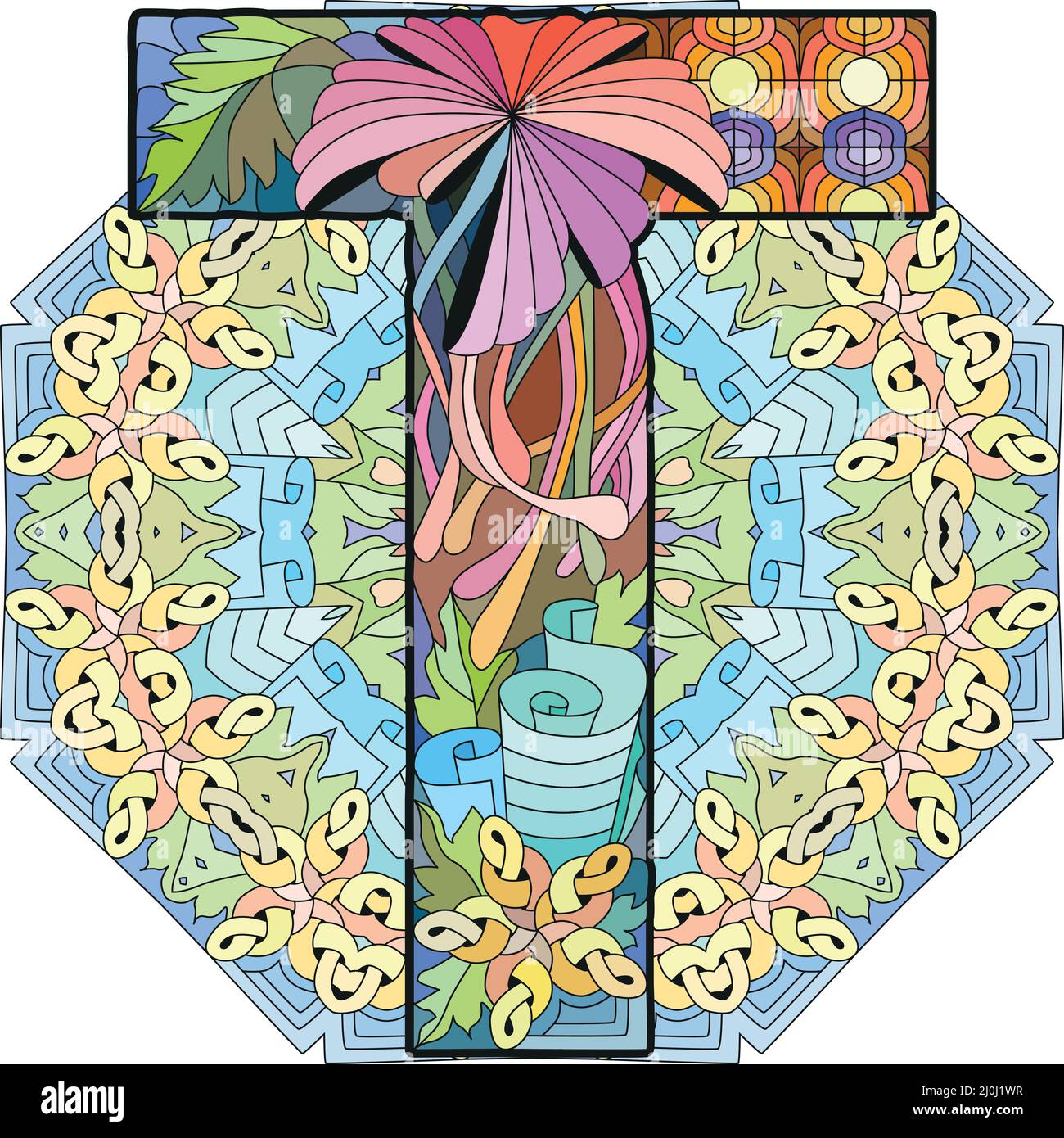 Zentangle stylized alphabet - letter T on mandala. Vector illustration ...