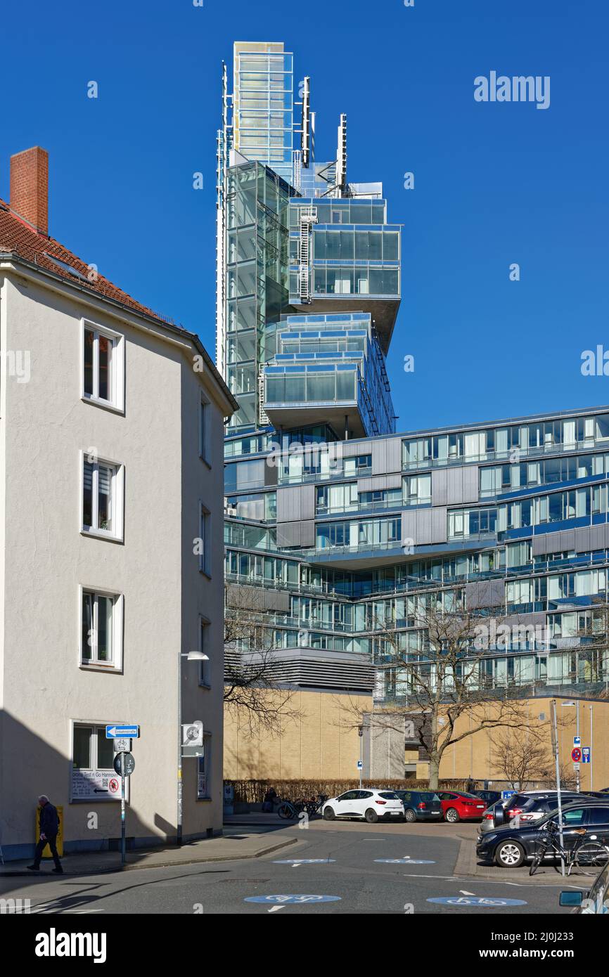 View of a high-rise office building from a side street in Hanover ...