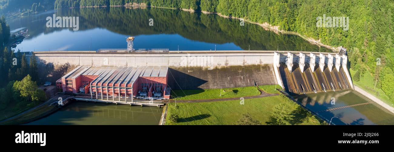 Wide panorama of Roznow dam, artficial dam lake and hydroelectric power ...
