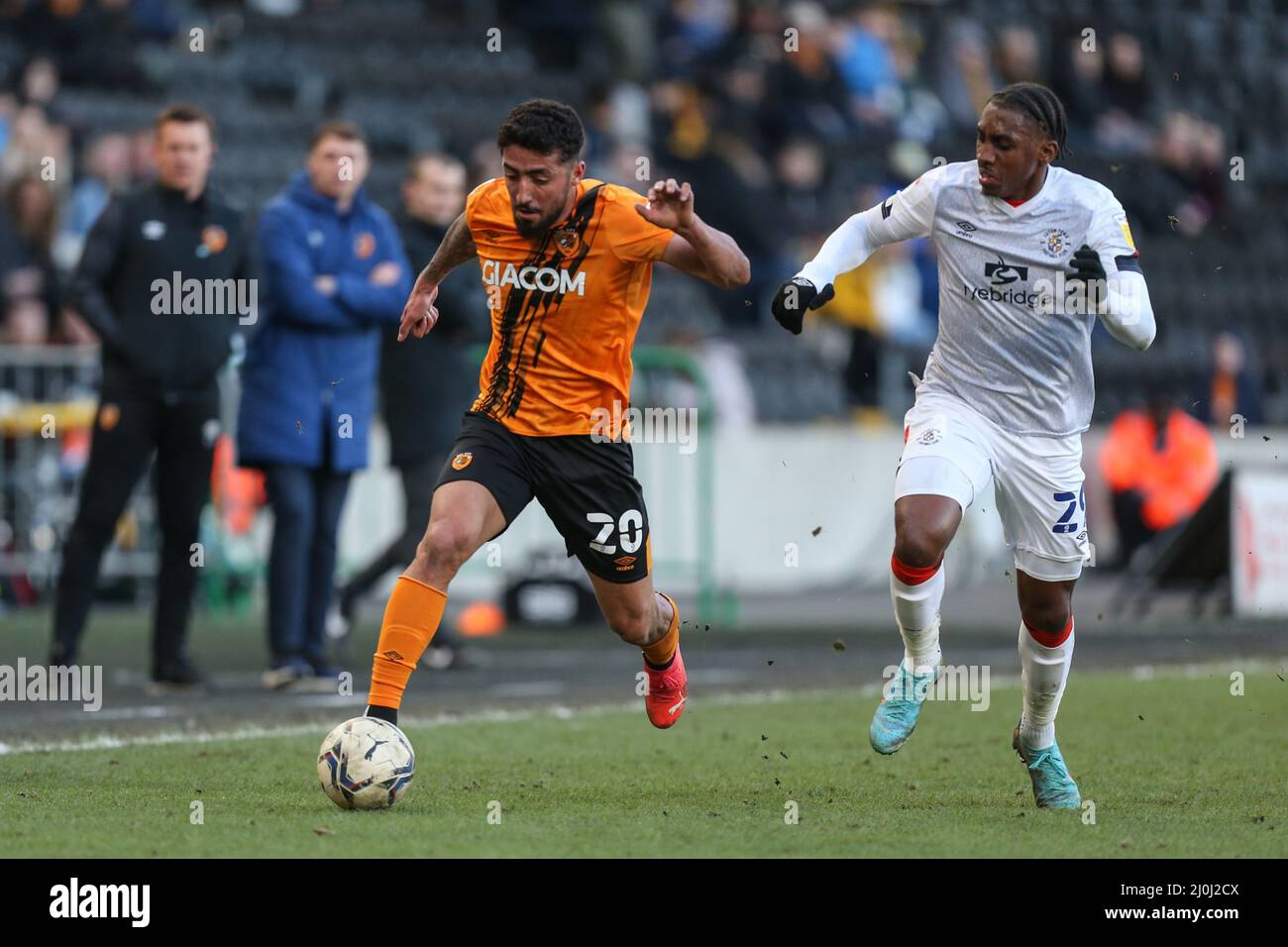 Allahyar Sayyadmanesh #20 of Hull City goes past Amari’i Bell #29 of ...