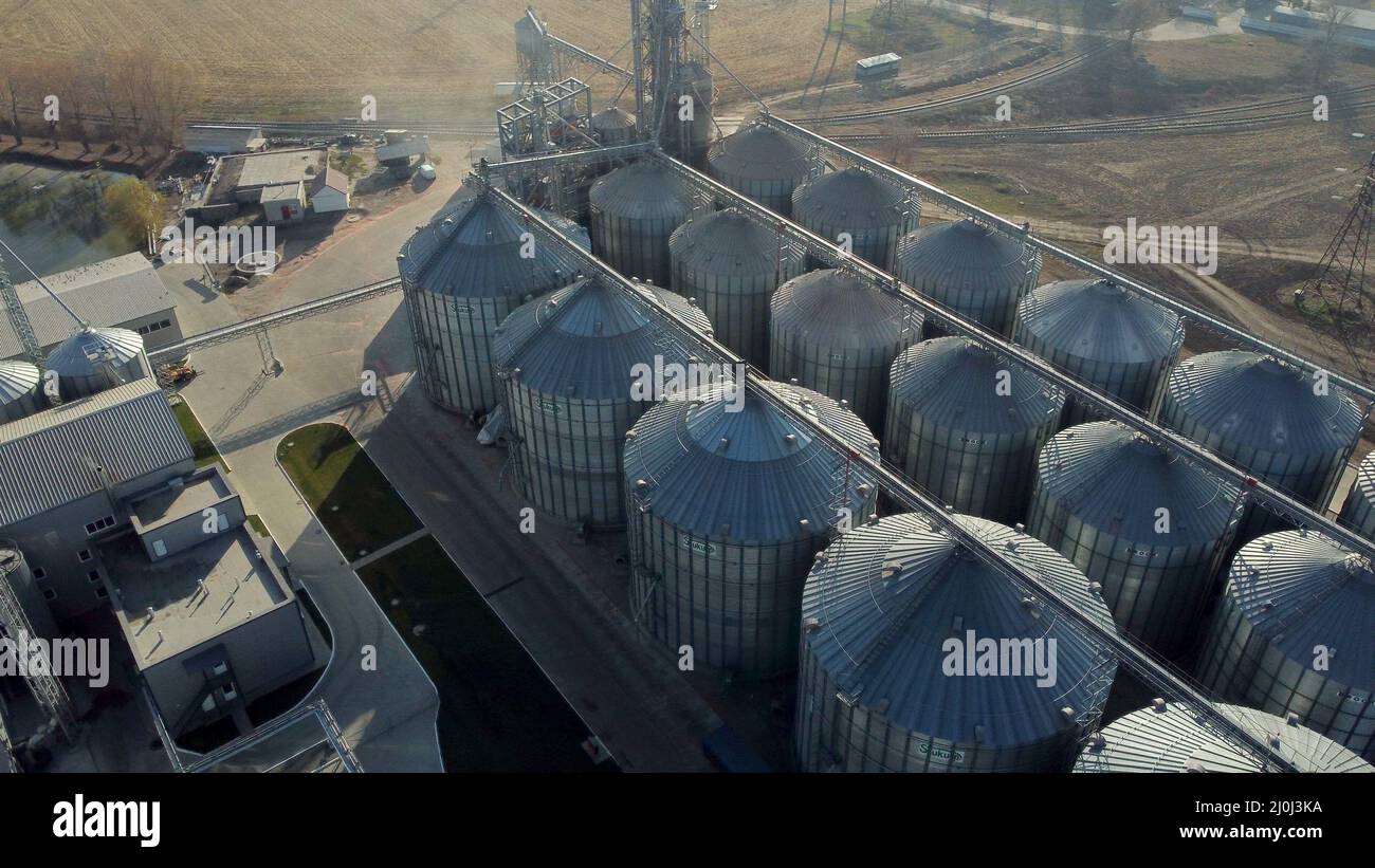 Aerial Drone View Flight Over Elevator complex. Structures drying ...