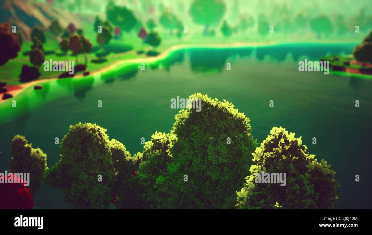 Cartoon Green Forest Landscape with Trees and lake Stock Photo - Alamy