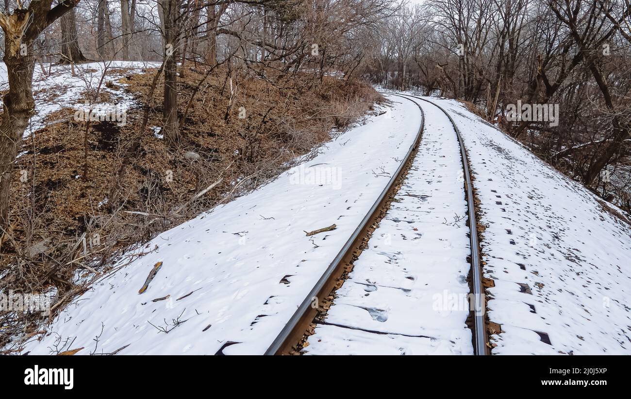 A rural railroad track surrounded by a forest with snow on the ground ...