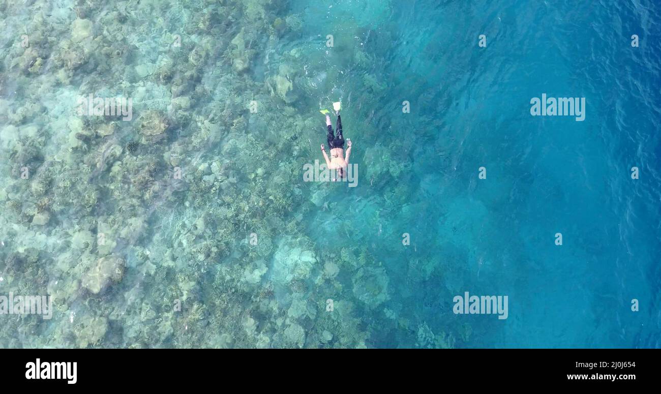 Top view of a man swimming with flippers in Rasdhoo Island, The ...