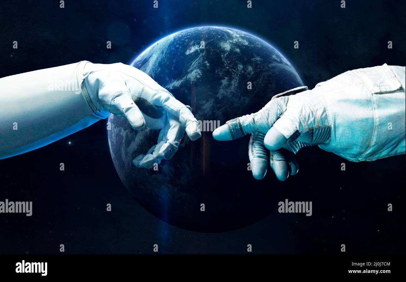 Gods creation of Earth. Astronaut hands with background of blue planet ...