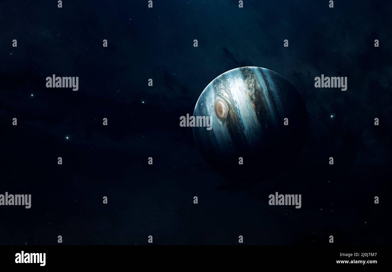 Planet of solar system, Jupiter, in endless dark space. Educational ...