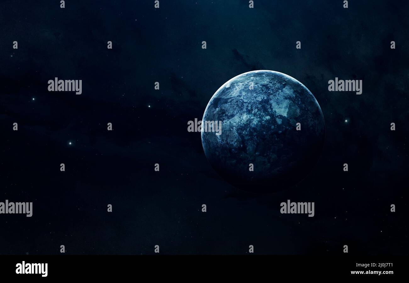 Planet of solar system, Neptune, in endless dark space. Educational ...