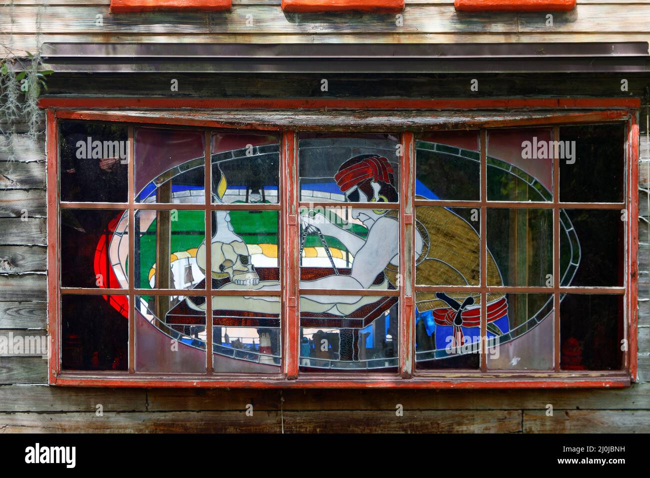 stained glass window, pirate using sextant, skull, wood frame, unique ...