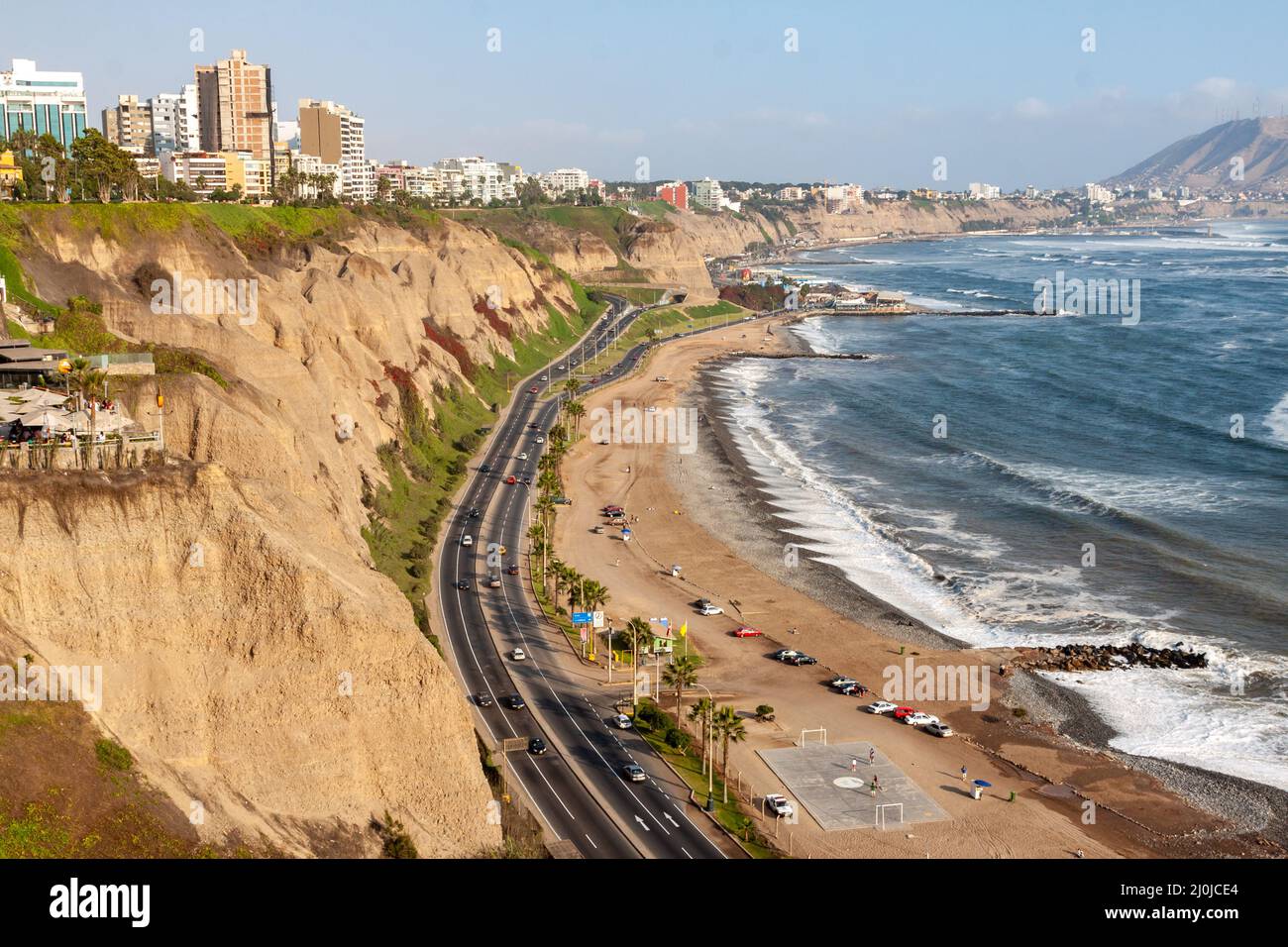 Aerial view of cliffs alongside the Miraflores beach in Lima, Peru ...