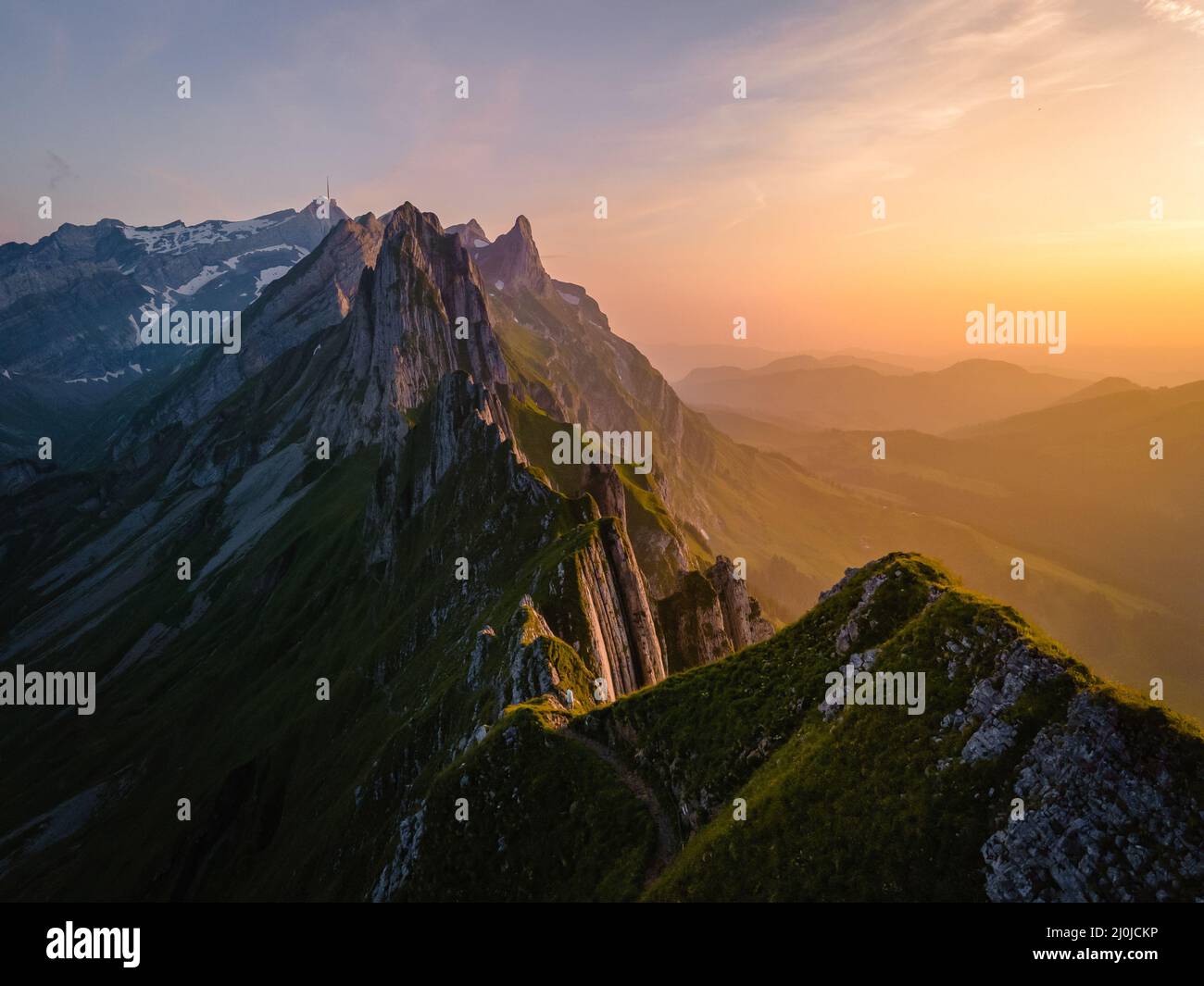 Sunset in the mountains,Schaefler Altenalptuerme mountain ridge swiss ...