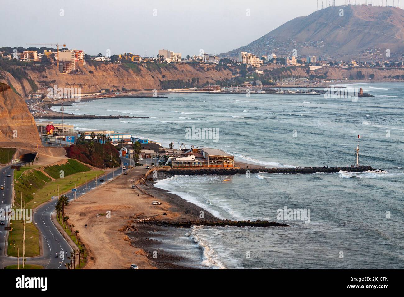 Aerial view of the Pacific Ocean waters by Miraflores beach in Lima ...