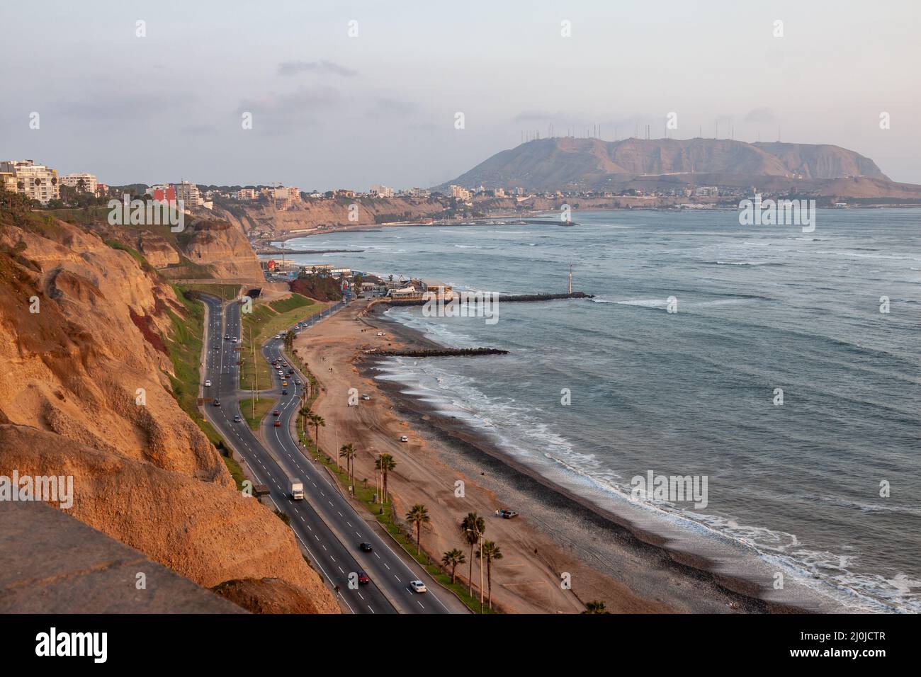 Aerial view of the Pacific Ocean waters by Miraflores beach in Lima ...