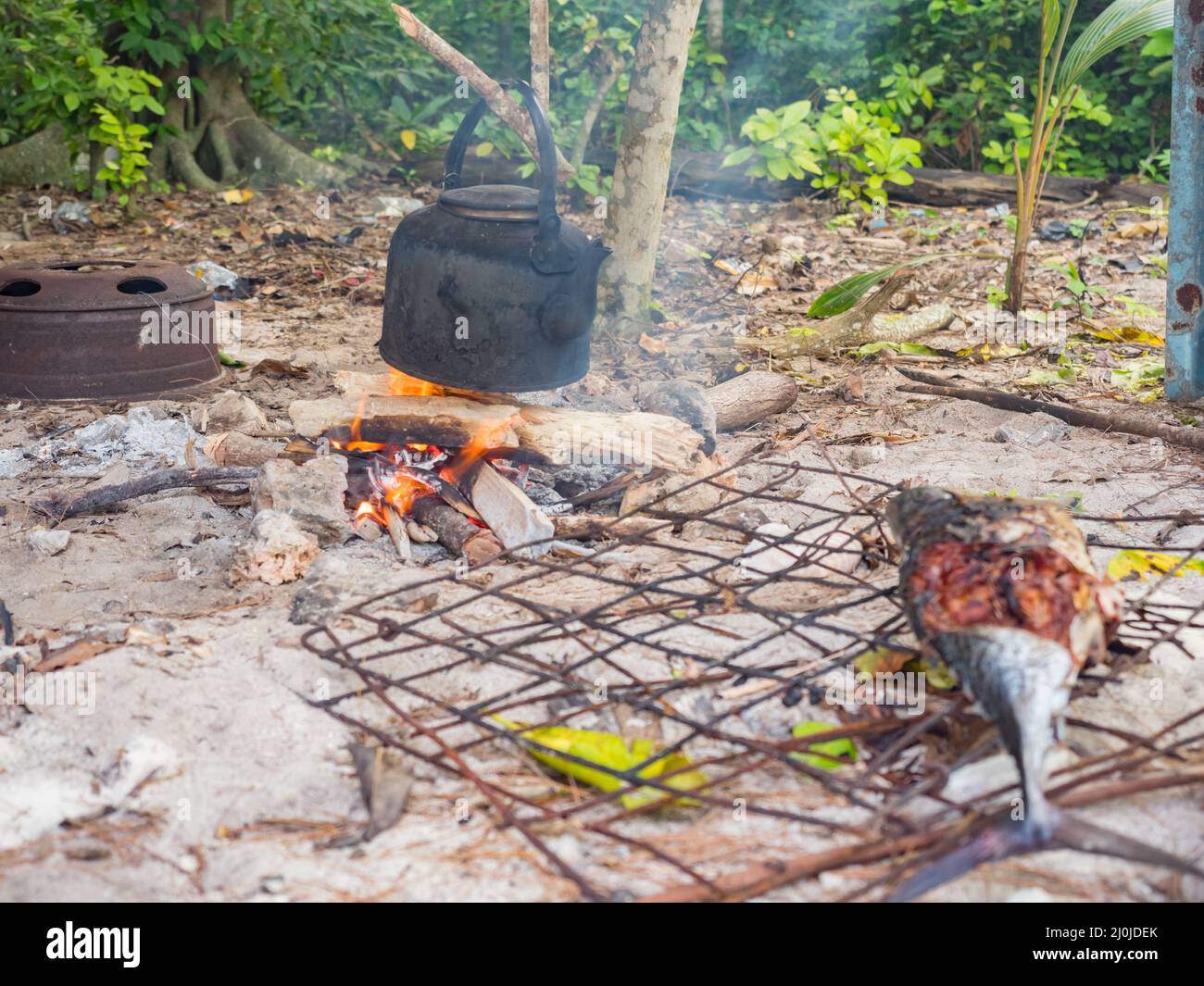 Cooking meal on a campfire on a small desert island, Venu Island, Pulau ...