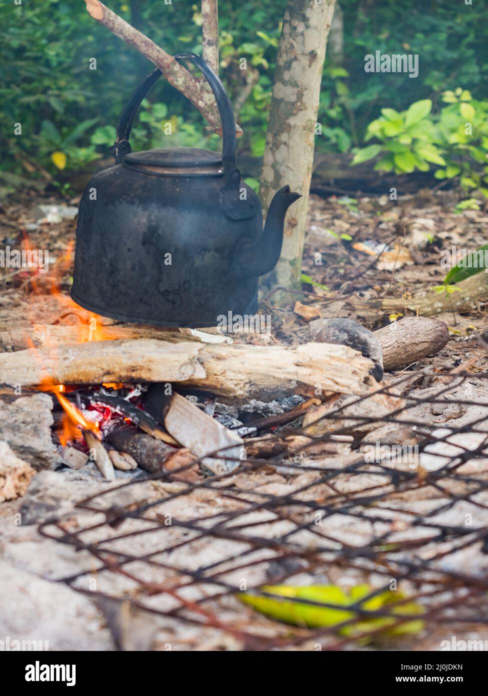 Cooking meal on a campfire on a small desert island, Venu Island, Pulau ...