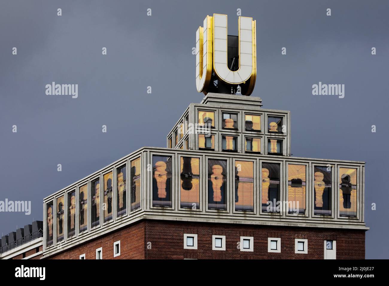 Dortmunder U, flying pictures by Adolf Winkelmann with black and yellow ...
