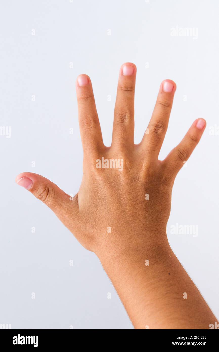 child making number four sign on a white background in Rio de Janeiro ...