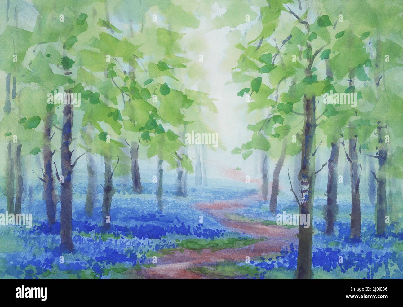 Blue flowers in the misty forest watercolor landscape Stock Photo - Alamy