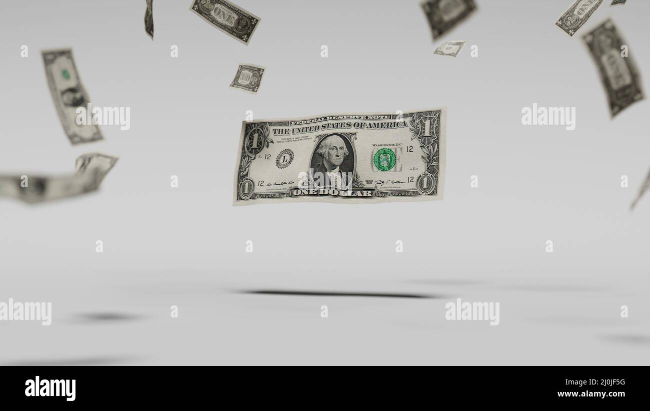 Dollars falling through the air, against a white background. 3d ...