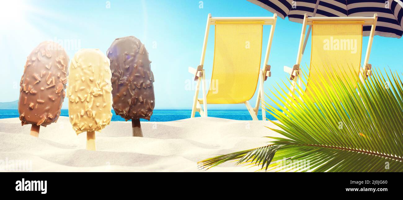 Delicious ice cream on the beach. Healthy summer food concept Stock ...