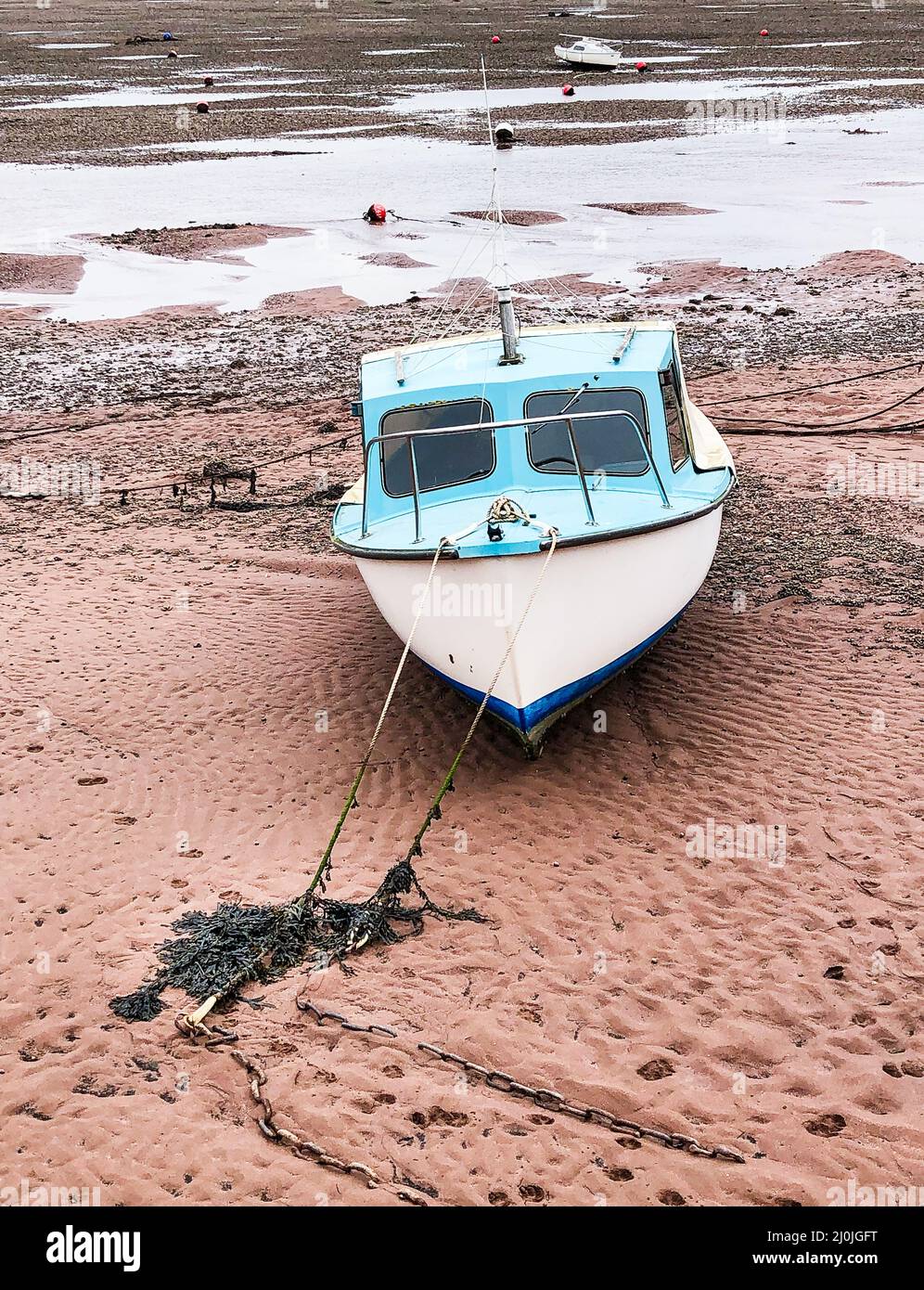 View of boat stranded on the Teign river at Shaldon during low tide ...