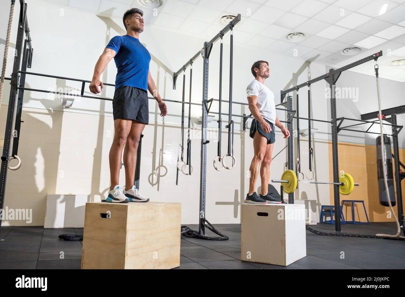Two man jumping on fit box at gym Stock Photo - Alamy