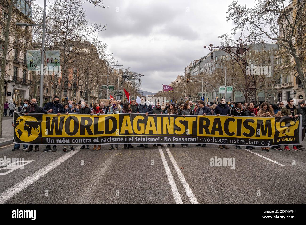 Barcelona, Spain. 19th Mar, 2022. The World Against Racism banner is ...