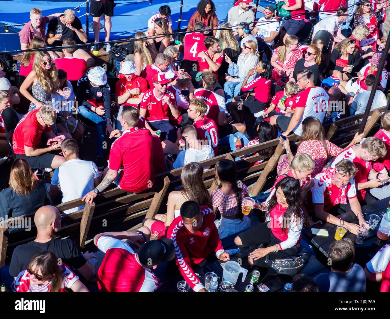 Copenhagen, Denmark - July 2021: Danish fans during the final Euro 2021 ...