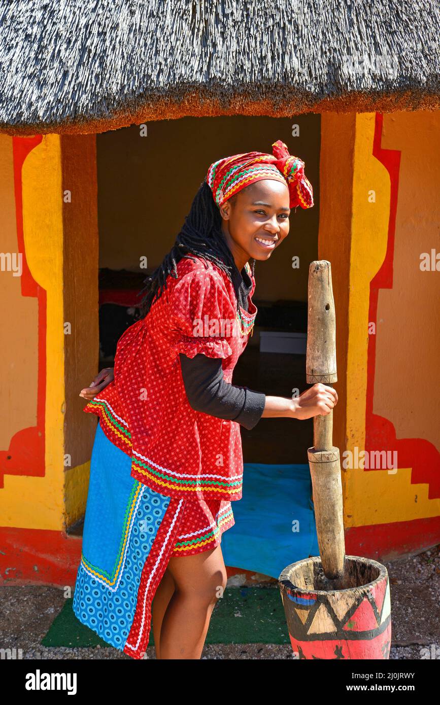 Shangaan woman and dwelling, Motseng Cultural Village, Sun City Resort ...