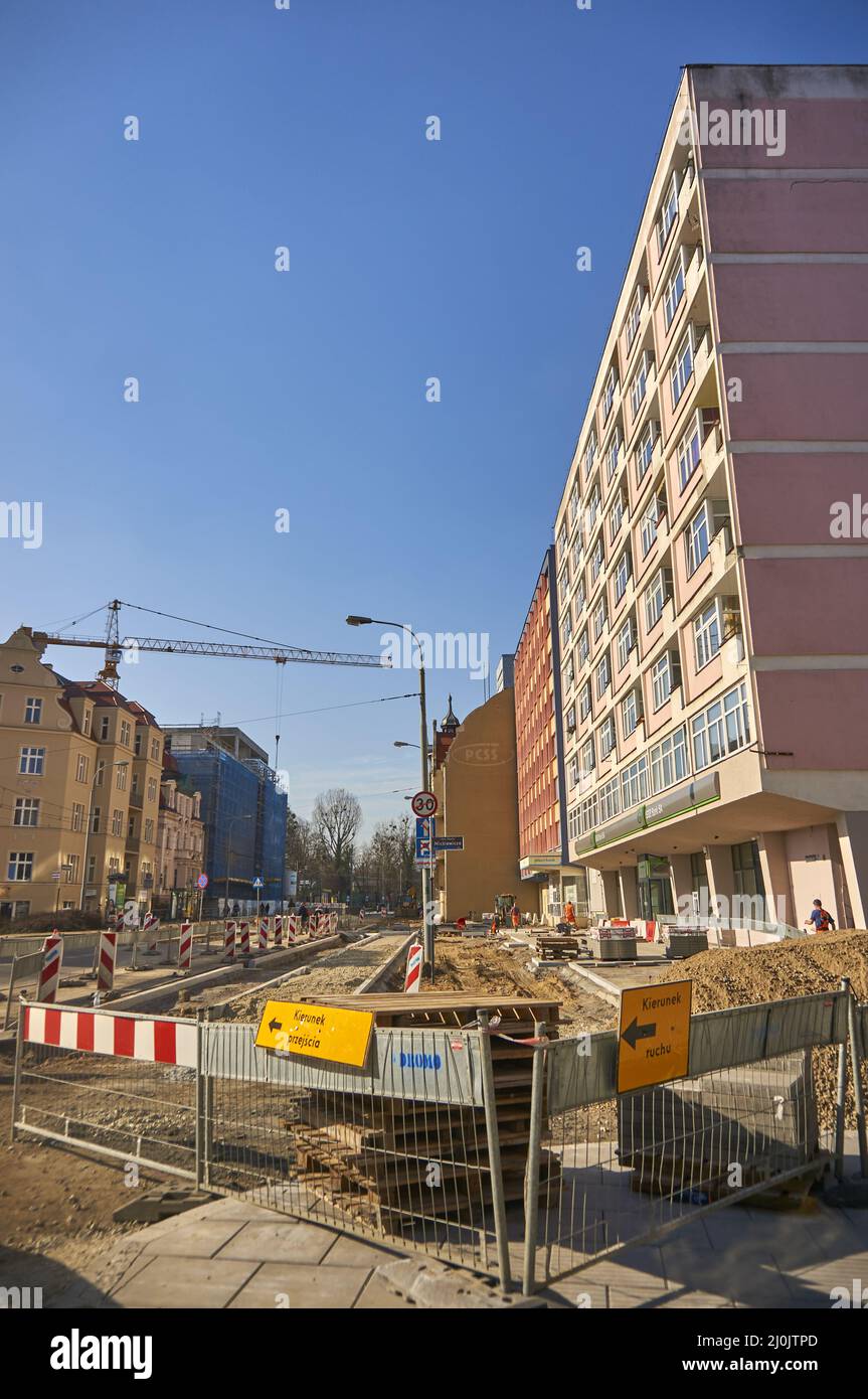 View of the construction site and an office building in the city center ...