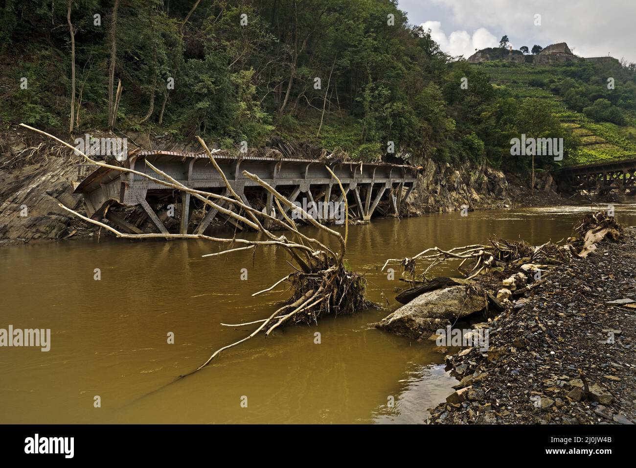 Flood disaster 2021, a destroyed bridge over the river Ahr, Mayschoss, Ahr Valley, Germany ...