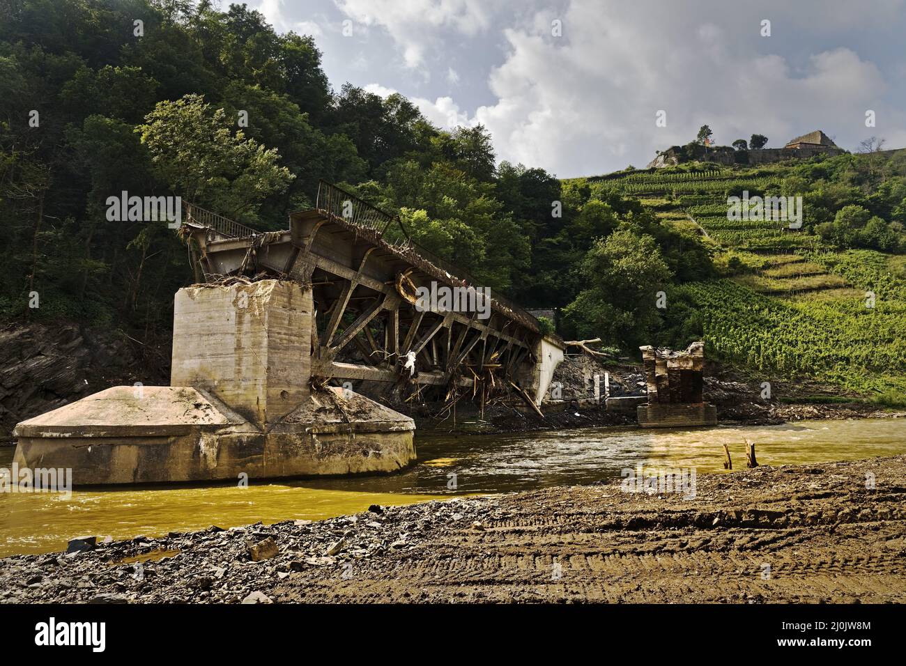 Flood disaster 2021, a destroyed bridge over the river Ahr, Mayschoss, Ahr Valley, Germany ...