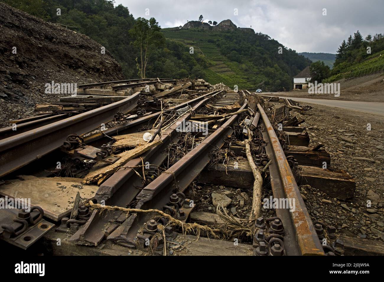 Flood disaster 2021, destroyed train tracks next to the river Ahr ...