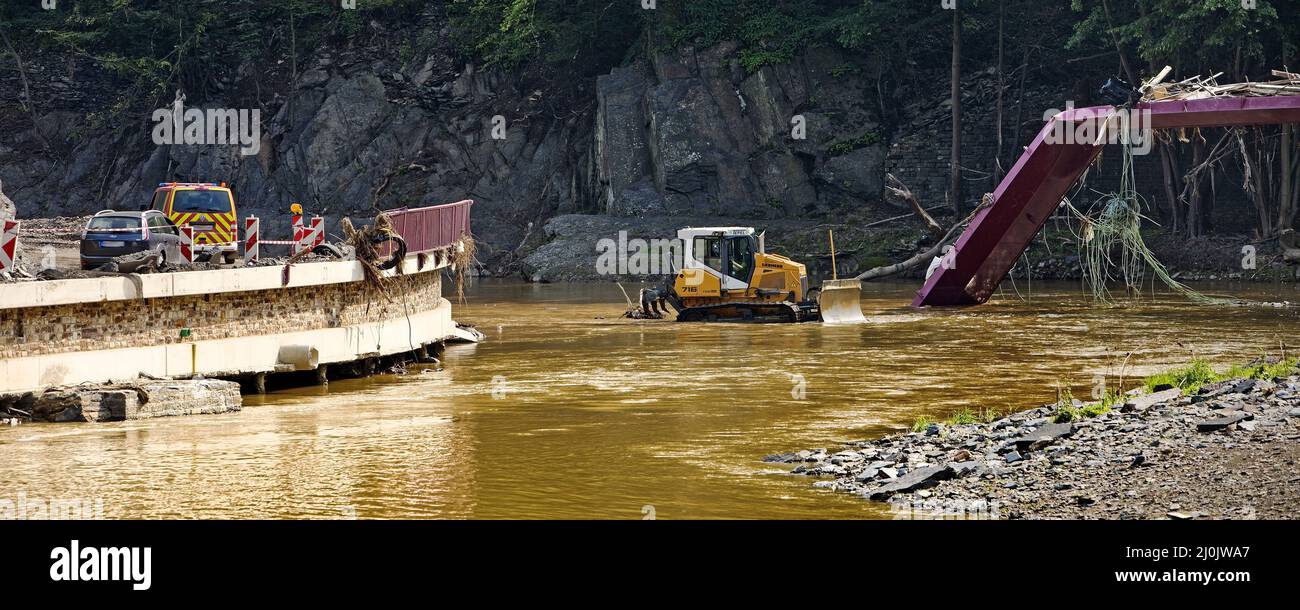Flood disaster 2021, a destroyed bridge over the river Ahr, Mayschoss, Ahr Valley, Germany ...