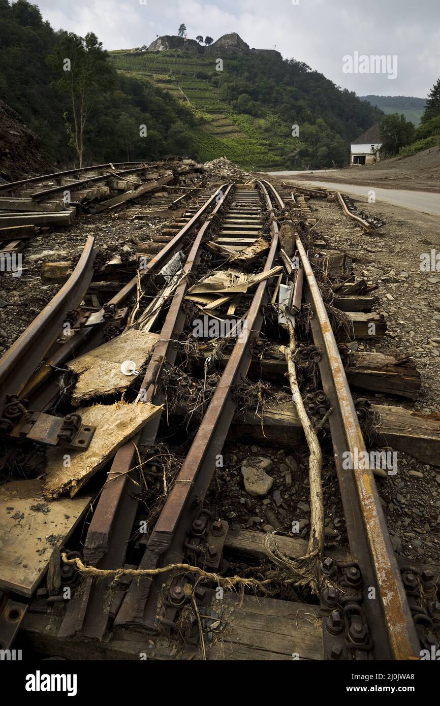 Flood disaster 2021, destroyed train tracks next to the river Ahr ...