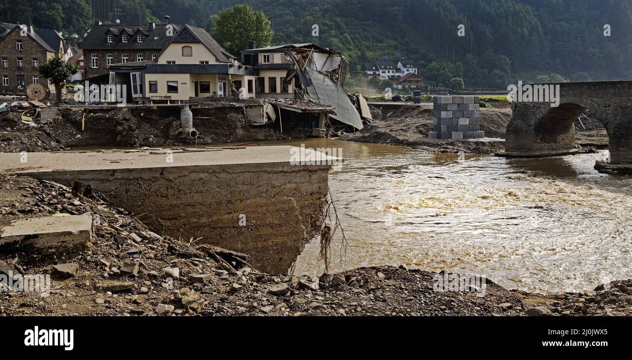 Destroyed Nepomuk bridge over the Ahr river, flood disaster 2021, Rech, Germany, Europe Stock ...